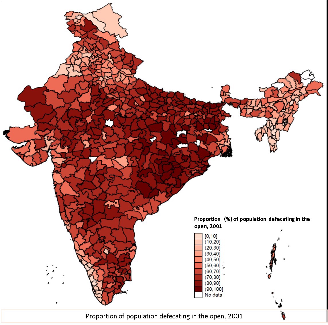 Map of prevelance of open defecation in various districts of India(2001 ...